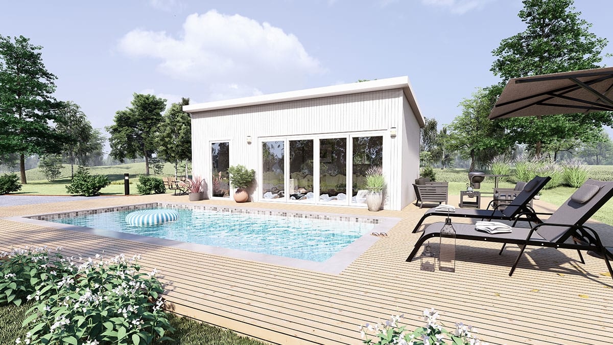 Attefallshus Poolhus 30 m2 - med vikdörr i 5 sektioner